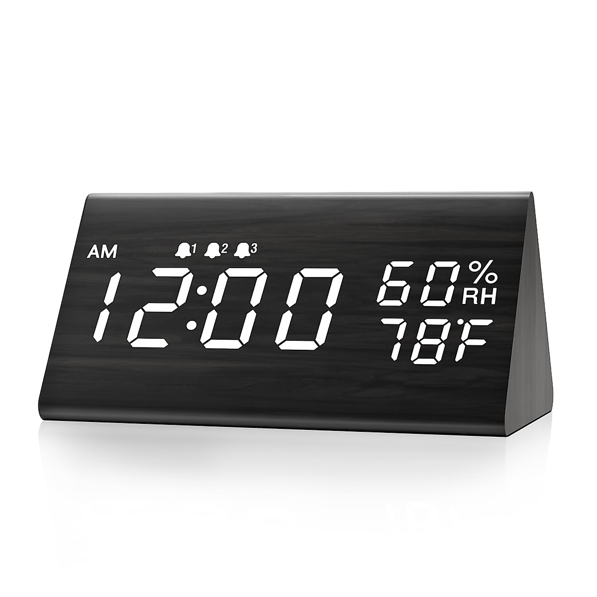Digital Alarm Clock, with Wooden Electronic LED Time Display, 3 Alarm Settings, Humidity & Temperature Detect, Wood Made Electric Clocks for Bedroom, Bedside… (Black)