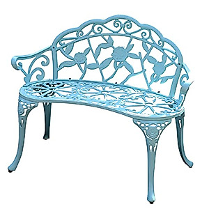 KAI LI 4-Piece Balcony Tables and Chairs, 1 Table, 2 Round Chairs and 1 Bench, Metal cast Aluminum, Bistro Suit, Garden Bench, Rose Pattern Light Blue