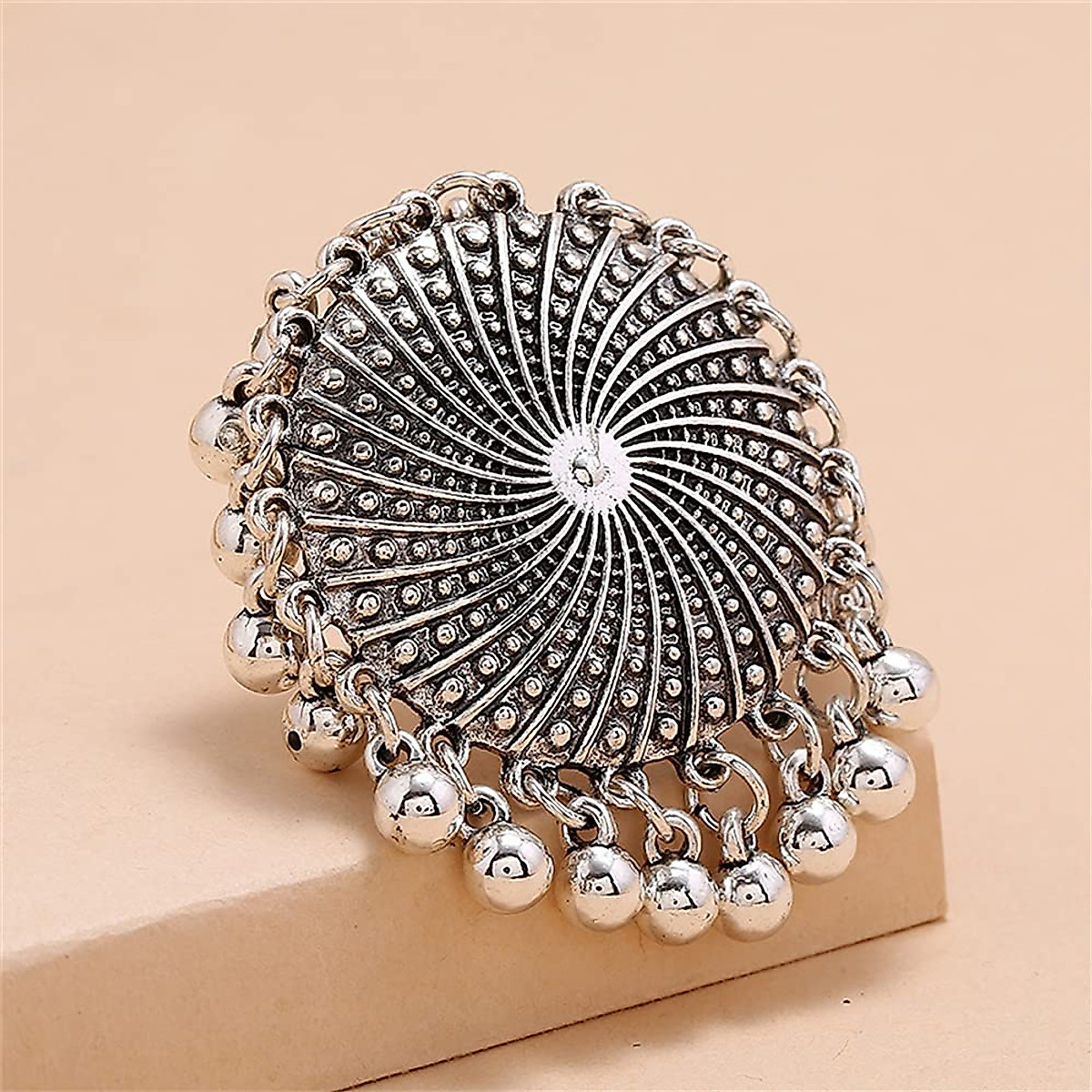 Dtja Boho Big Teardrop Statement Ring for Women Vintage Tassel Ball Bead Adjustable Open Band Cocktail Party Ring Comfort Fit Gypsy Indian Bollywood Peacock Tail Exaggerated Jewelry (Silver)