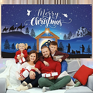 Nativity Banner Merry Christmas Nativity Barn Birth of Jesus Nativity Backdrop Scene Blue Large Holy Nativity Backdrop Religious Xmas Photography Booth Prop Banner for Christmas Party 72.8 x 43.3 Inch