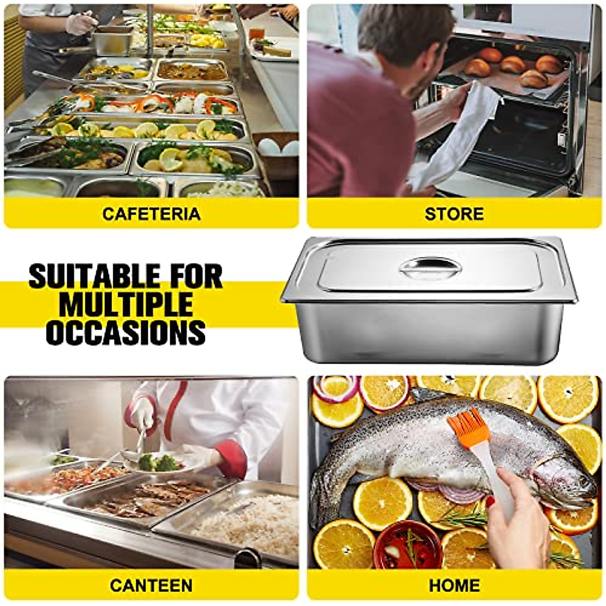 6 Pack Hotel Pan with Lids Set 20.8"L x 12.8"W 22 Gauge Full Size Anti Steam Table Pan 0.8 mm Thick 304 Stainless Steel Hotel Pans for Restaurant Kitchen Food Warmer Cooking Heat (6 Inch)