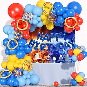123Pcs Red Yellow Blue Balloons Garland Includes Foil Confetti Mixed Sizes Latex Balloon for Birthday Decorations, Baby Shower, Carnival, Circus, Party Supplies, Backdrop Decor
