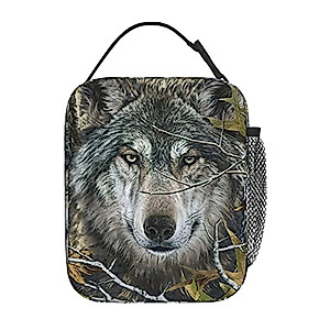 srufqsi Portable Lunch Bag, Forest Camouflage Wolf Insulated Lunch Tote With Side Pocket, Reusable Lunchboxes for Travel Picnic Work Outdoor