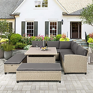 BIADNBZ Outdoor Weather Brown Rattan Wicker Sectional Couch Conversation Sofa Dining Table for Porch, Backyard, Garden, Poolside, 6-Piece Patio Furniture Set with Two Bench, Gray
