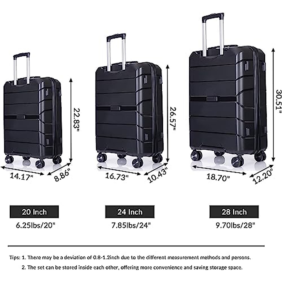 Tripcomp Luggage Sets Wear-Resistance Hardside Lightweight Suitcase Double Spinner Wheels, TSA Lock,Two Hooks, Scratch-resistant Carry-on,3 Piece Set(20inch 24inch 28inch) (Jet Black)