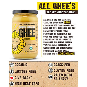 Organic Ghee Butter Grass Fed Clarified – 16 Oz Ghee Butter – Unsalted Butter Certified Organic Ghee Oil – Perfect for Paleo, Keto, Lactose & Gluten Free Diet