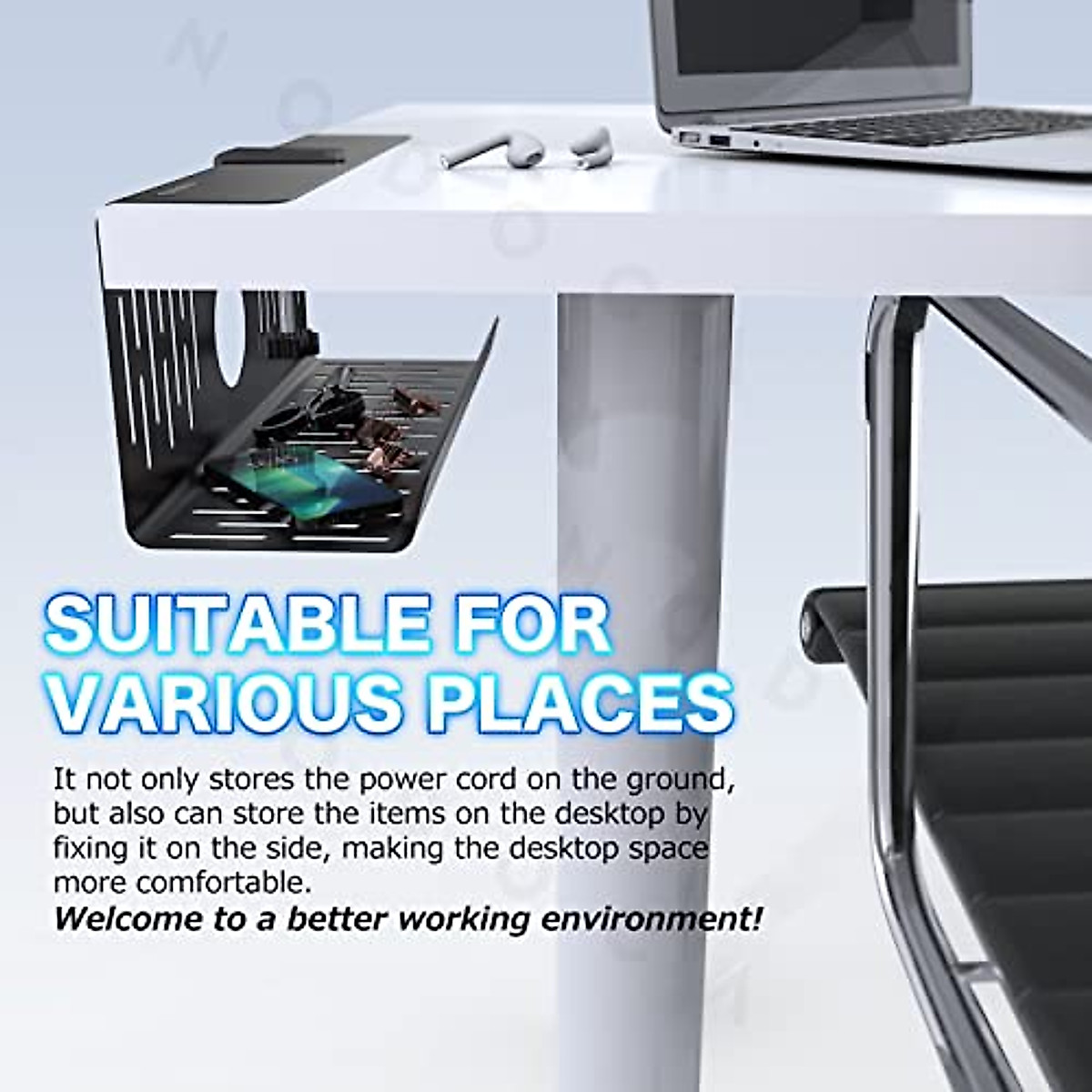 NODOCA No Drill Under Desk Cable Management Tray, 14'' Wire Management, Punch-Free Clamp on, Newest Metal Cable Tray, Wire Organizer Under Desk, Under Desk Basket for Office and Home, Black