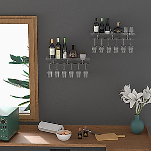 Hexsonhoma 24'' Clear Wine Glass Holder Wall Mounted 2 Pack, Acrylic Wall Bar Shelf with Removable Glasses Holder, Floating Bar Shelves for Wine Bottles, Liquor Bottles, Glasses
