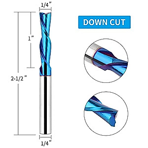 EANOSIC Downcut Spiral Router Bits 1/4 inch Shank, 1/4 inch Cutting Diameter Solid Carbide with Nano Blue Coating CNC Router Bits End Mill for Wood Cut, Carving