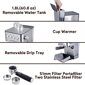 GOTMORE Espresso Coffee Machines, Stainless Steel Espresso Machine with Milk Frother Steam Wand for Latte Cappuccino, 15 bar Coffee Espresso Maker for Home with 60.8oz Removable Water Tank