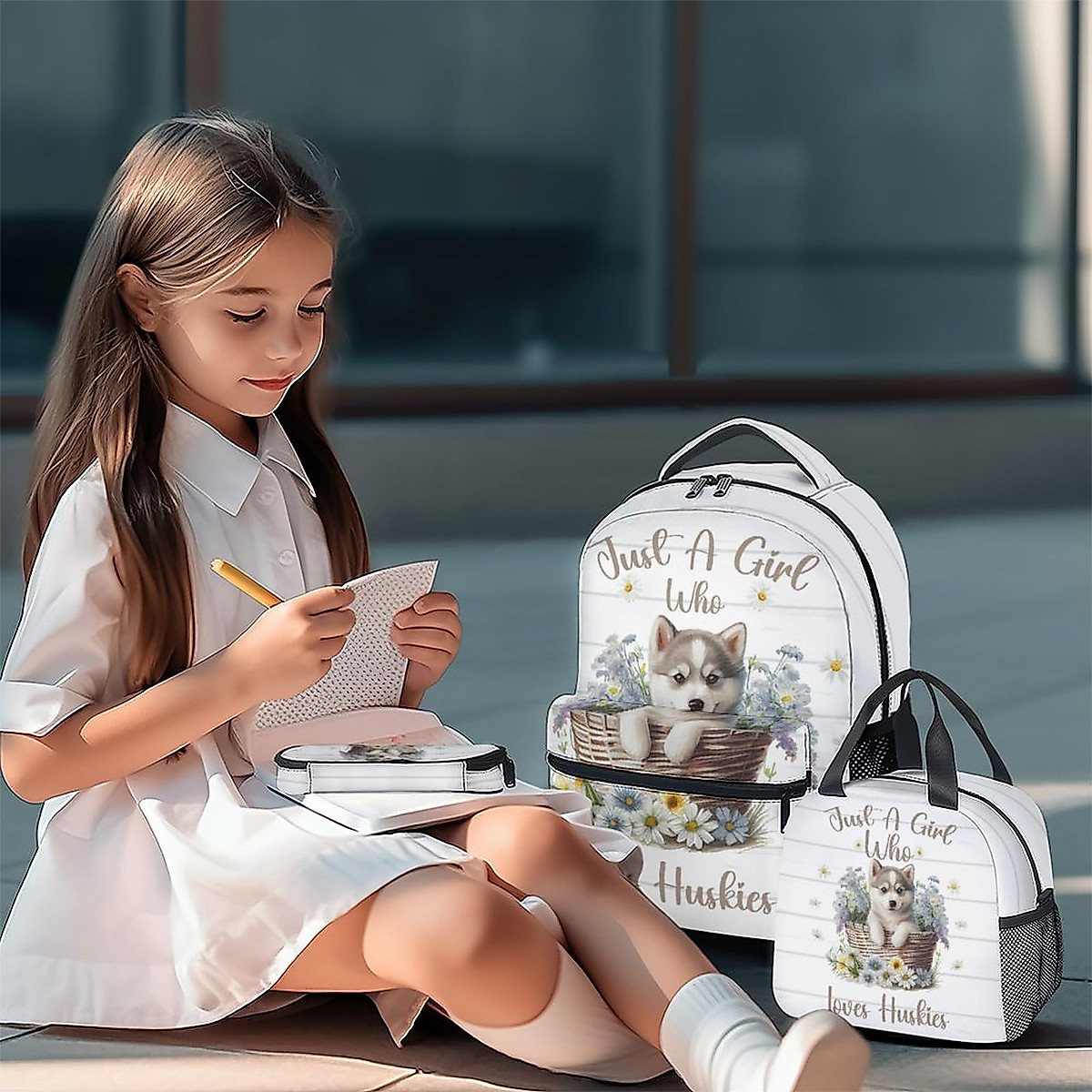 Husky Backpack with Lunch Box, Set of 3 School Backpacks Matching Combo, Cute White Dog Bookbag and Pencil Case Bundle