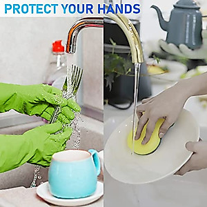 Disfore Rubber-Gloves Dishwashing Gloves for Cleaning-Kitchen - 2 Pairs of Durable and Reusable Kitchen Gloves，Long Sleeve Waterproof Household Cleaning Gloves for Washing Dishes (Medium Green)