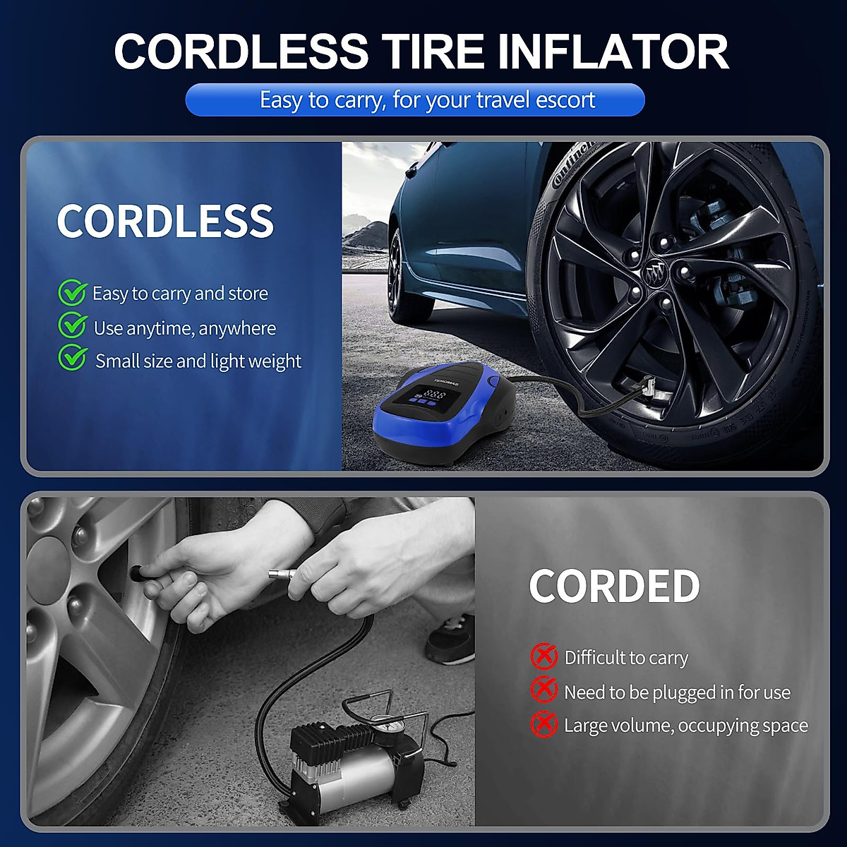 TEROMAS Tire Inflator Portable Air Compressor, Cordless Air Pump for Car Tires and Other Inflatables, Rechargeable Digital Electric Tire Pump with Pressure Gauge