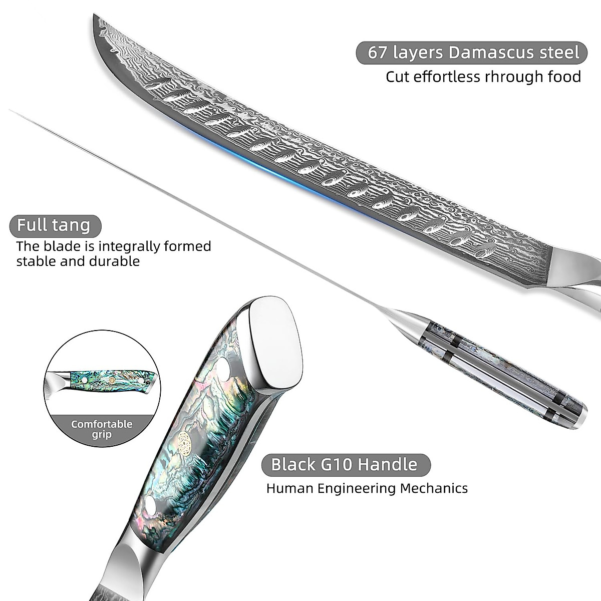 XT XITUO Butcher Knife – 10″ Cimitar & Breaking Knife Knife – Japanese VG-10 Damascus Steel – Full Tang & Razor Sharp – Ergonomic Abalone Shell Handle Design -Dazzling Series