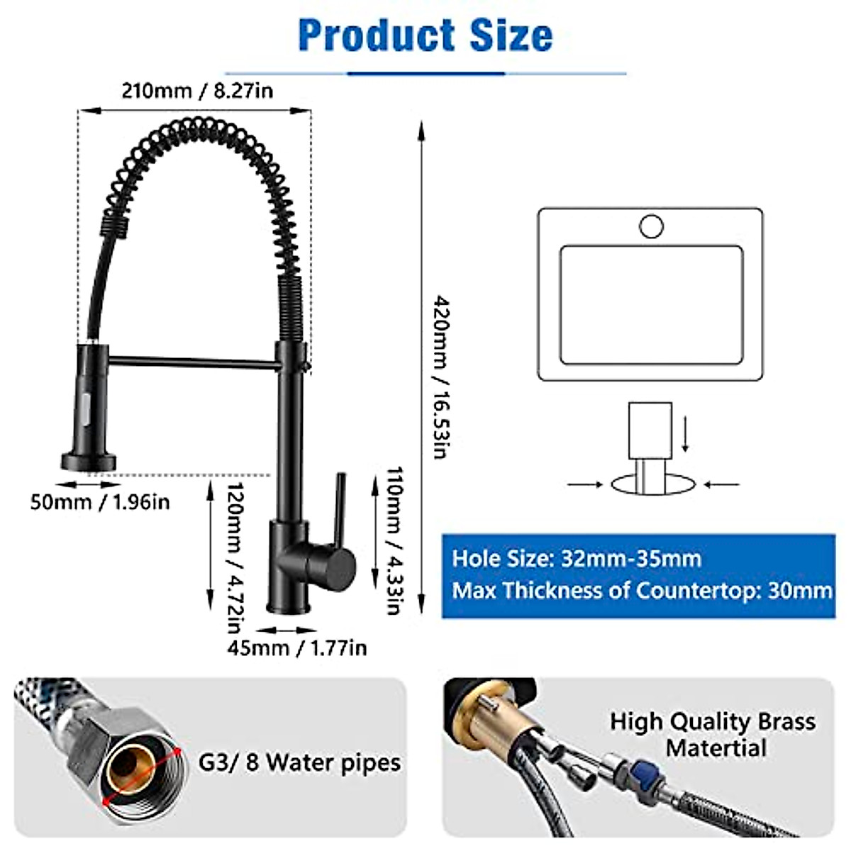 AIMOYO Matte Black Kitchen Faucet with Pull Down Sprayer, Commercial Spring Kitchen Sink Faucet with Pull Out Sprayer, Single Handle Single Hole Solid Brass Modern Camper RV Kitchen faucets