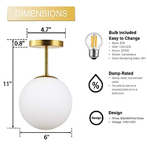 Mid Century Modern Globe Semi Flush Mount Ceiling Light Fixture Frosted Glass with Gold Brass Finish,1-Light Sphere Glass Pendant Lights for Aisle Porch Stairway Closet Kitchen Laundry Room(Bulb Incl)