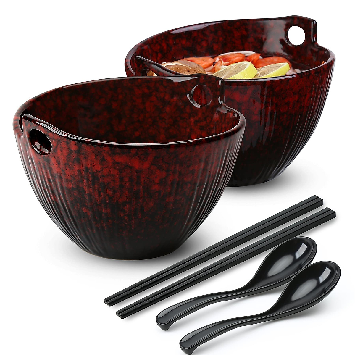 JH JIEMEI HOME Ramen Bowl with Chopsticks and Spoons, Ceramic Set of 2, Dishwasher Safe for Pho Udon Soba Noodle Salad Pasta, Special Reactive Glazed Crimson Bowls Set