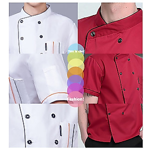 XINFU Unisex Chef Coat Short Sleeve Thin & Comfortable Kitchen Chef Uniform for Men Women, Red A, US:L(Label:3XL)