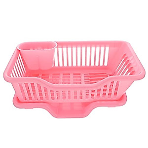 Zerodeko Kitchen Dish Drying Rack with Cutlery Holder Drainboard and Water Spout Plastic Dish Drainer Dinnerware Basket for Kitchen Counter Cabinet Pink