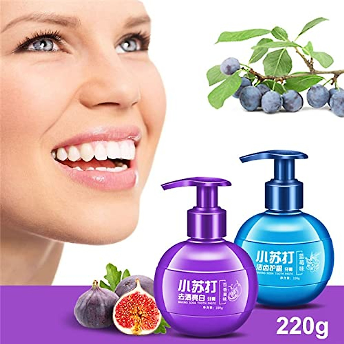 220g Instant Clean Intensive Stain Removal Whitening Toothpaste Baking Soda Blueberry Flavor Toothpaste Prevent Tooth Decay (Purple)