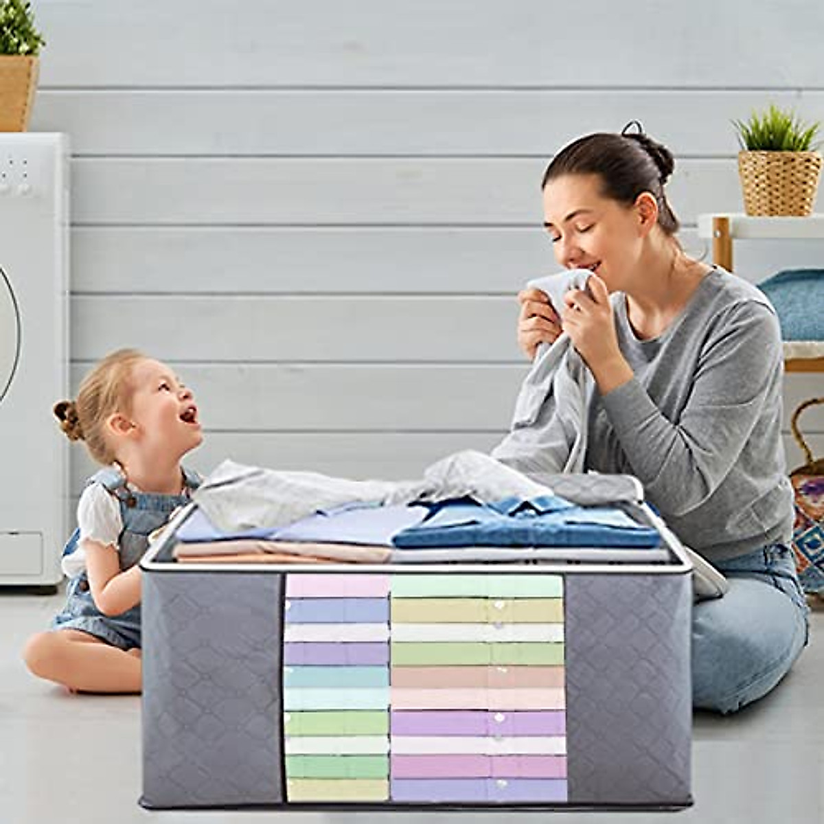 6 Pack Clothes Storage Bags Organizers- Durable, Foldable Clothing Storage Bags with Zipper and Sturdy Handles- 90L Large Storage Bags for Clothes, Pillows, and More- Blanket Storage Bags- Gray