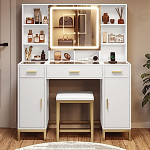 AOGLLATI Makeup Vanity Desk with Lights, Vanity Desk with Mirror and Lights, White Vanity Set with Charging Station,Big Glass Desktop, Hidden and Open Storage Shelves