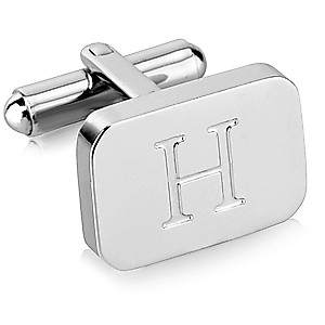 18K White-Gold Plated Initial Engraved Stainless Steel Men’s Cufflinks With Gift Box -Personalized Alphabet Letter’s A-Z By Lux & Pair (H- White Gold)
