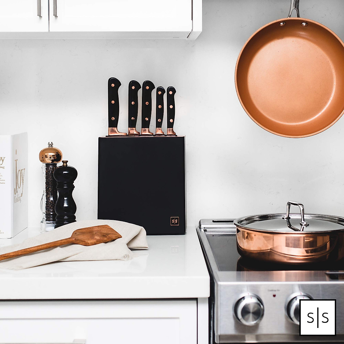 Copper Knife Set, A Knife Set with Sharpener Built-In, Upright 7-Piece Rose Gold Knife Set - Self Sharpening Knife Set With Block, Rose Gold Kitchen Accessories