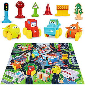 deAO Baby Truck Cars Toys with Playmat and Road Signs 11Pcs Toddler Soft Vehicle Airplane Birthday Gifts Toys for Babies Infants Toddlers 1 2 3 Year Old