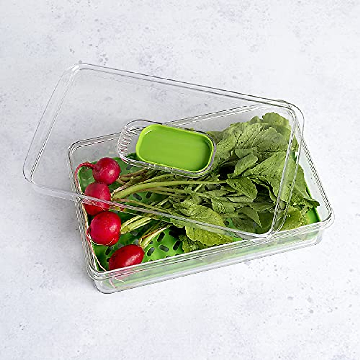 Goodful Produce Keeper, Adjustable Air Vents, Removable Insert/Colander, Durable Food Safe Material, Stackable, Clear and Green, Flat, 11.6" x 6.8" x 2.8"