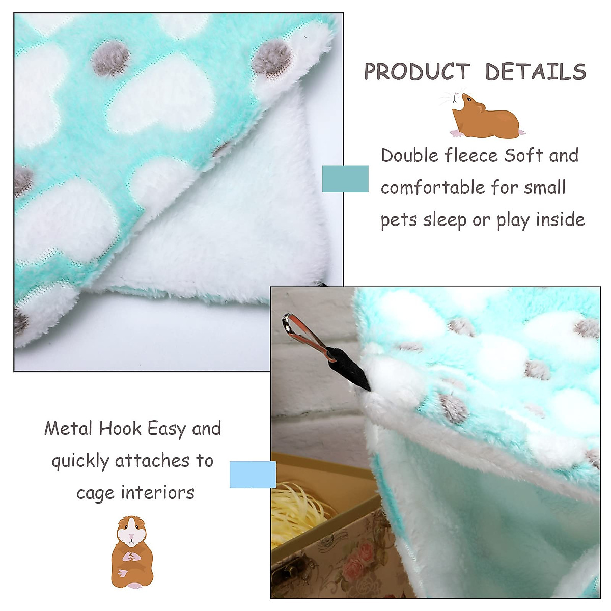 Boao 2 Pcs Guinea Pig Rat Hammock Guinea Pig Hamster Ferret Hanging Hammock Guinea Pig Accessories for Small Animals Chinchilla Parrot Sugar Glider Ferret Squirrel (Blue, Pink, Heart Pattern)