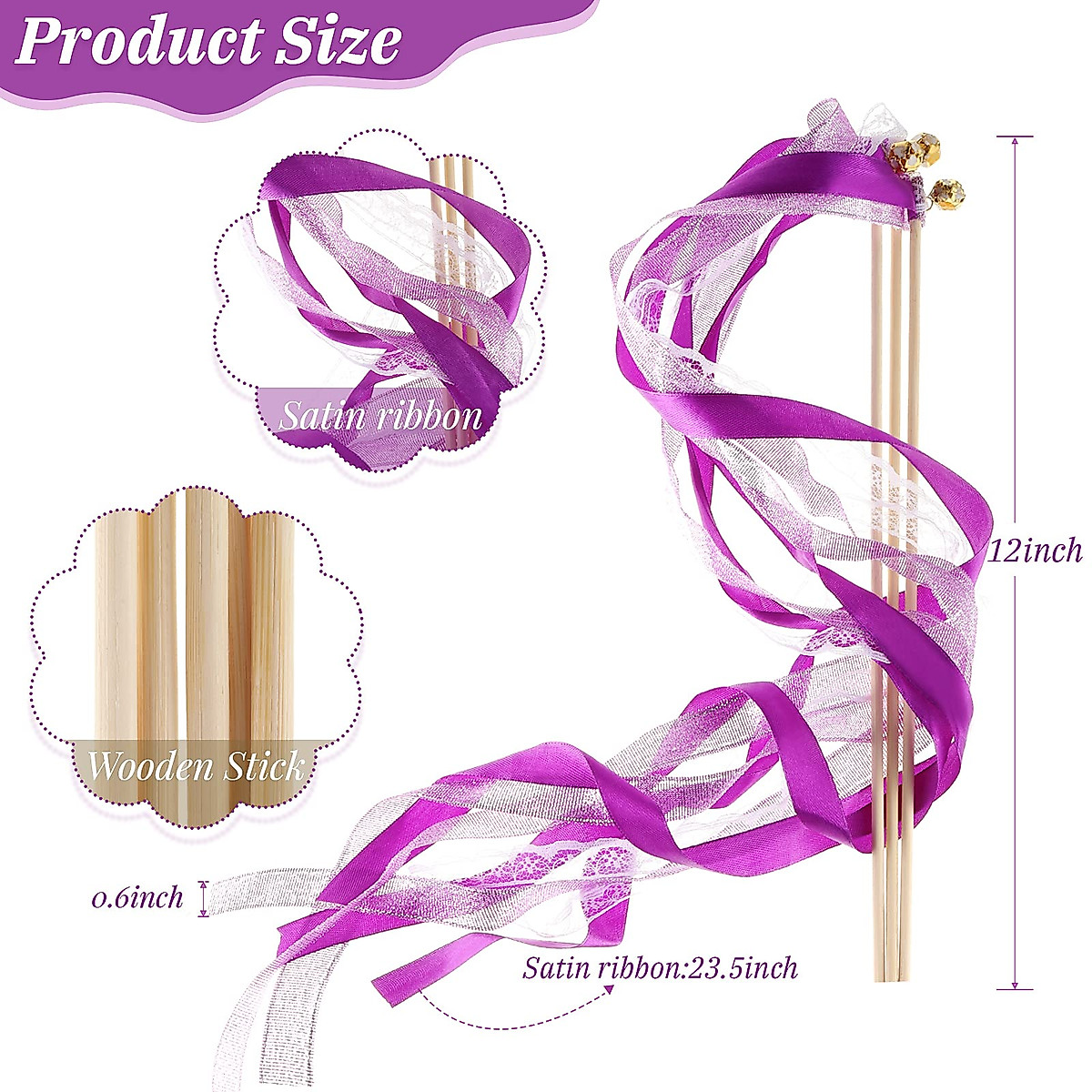 40 Pieces Ribbon Wedding Streamers with Bells, Lace Fairy Stick Wand Party Streamers Chromatic Silk Streamers for Party, Birthday and Holiday