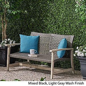 GDFStudio Outdoor Wood and Wicker Loveseat, Light Gray Finish with Mix Black Wicker