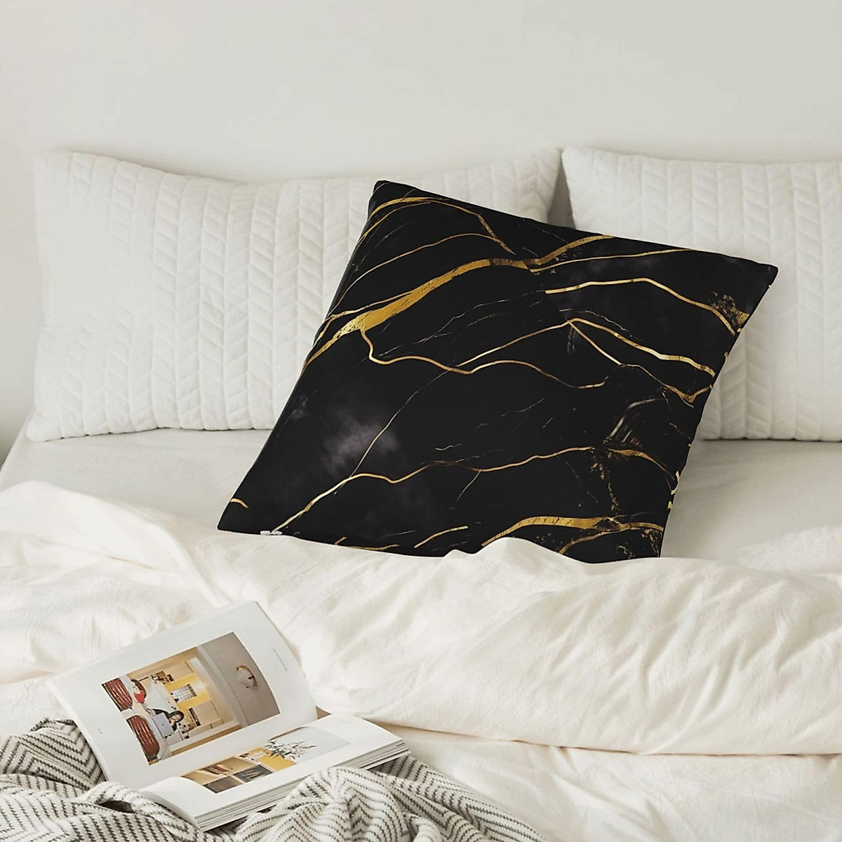 LZQPOEAS Decorative Throw Pillow Covers 22"x22" Square Pillow Covers for Sofa Black Gold Marble Texture Double Sided Throw Pillow Cases Soft Plush Decorative Cushion Cover for Living Room