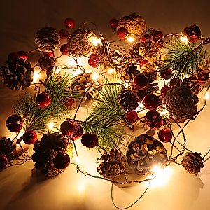 TOPIST Christmas Pinecone Lights Battery or USB Plug in, 6.7FT 20LED Red Berry with Pine Cone Christmas Garland Lights LED String Lights Fairy Lights for Xmas Tree Party Home Holiday Decor