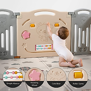 UANLAUO Baby Fence, Foldable Playpen, 18 Panel Extra Large Playpen for Babies Toddlers Infant, Safety Material Portable Play Yards with Gate, NO Gaps Play Area Indoor Outdoor Use, Grey+Cream