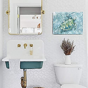 Bathroom Wall Decor Sea Turtle HD Pictures Print on Canvas Framed Wall Art for Bedroom Kitchen Modern Blue Coastal Room Decorations Art Work Green Turtle on Blue Water Size 12x16 inches Ready to Hang