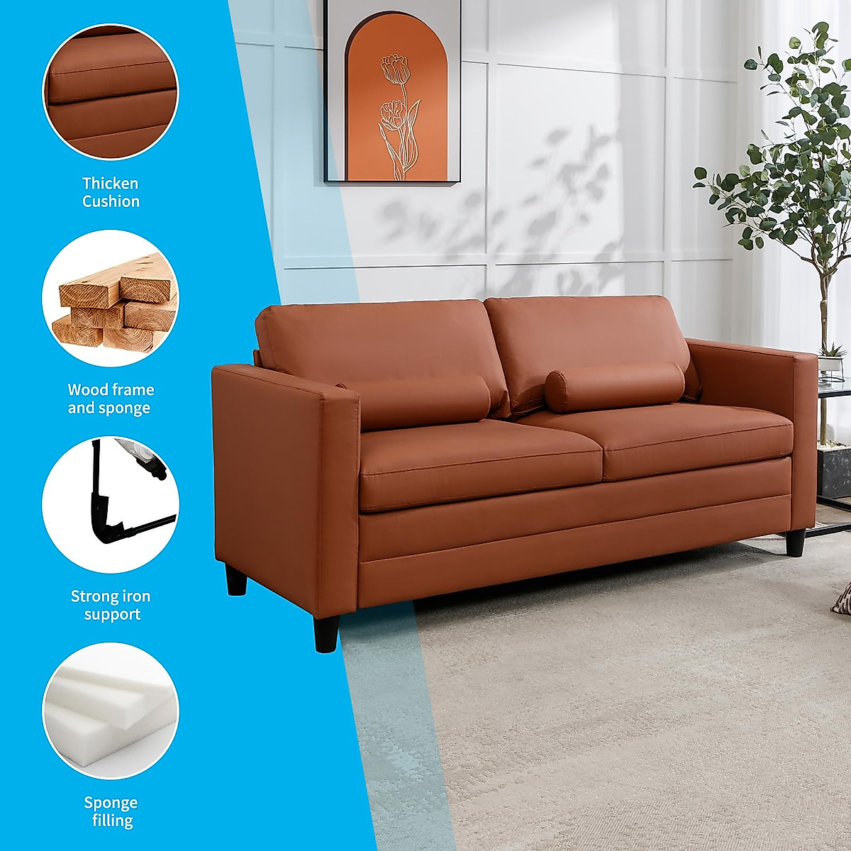 Horgaeo Full Size Pull Out Sofa Bed, 2-in-1 Sleeper Sofa with Cat Scratch Resistant Leather Fabric, Modern Loveseat Couch Bed with Fold Out Mattress for Living Room/Guestroom(Cognac Tan)