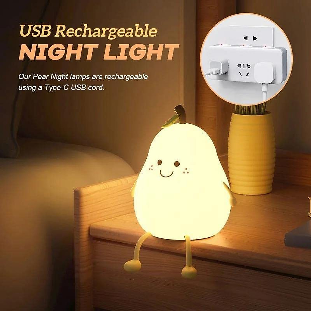 Emcgicc 7 Colors Cute LED Pear-Shaped Fruit Night Light, Silicone Decompression Clap Light with Rechargeable Lithium Battery, Colorful Light Color for Children's Rooms Babies Bedside Lamp (Pear)
