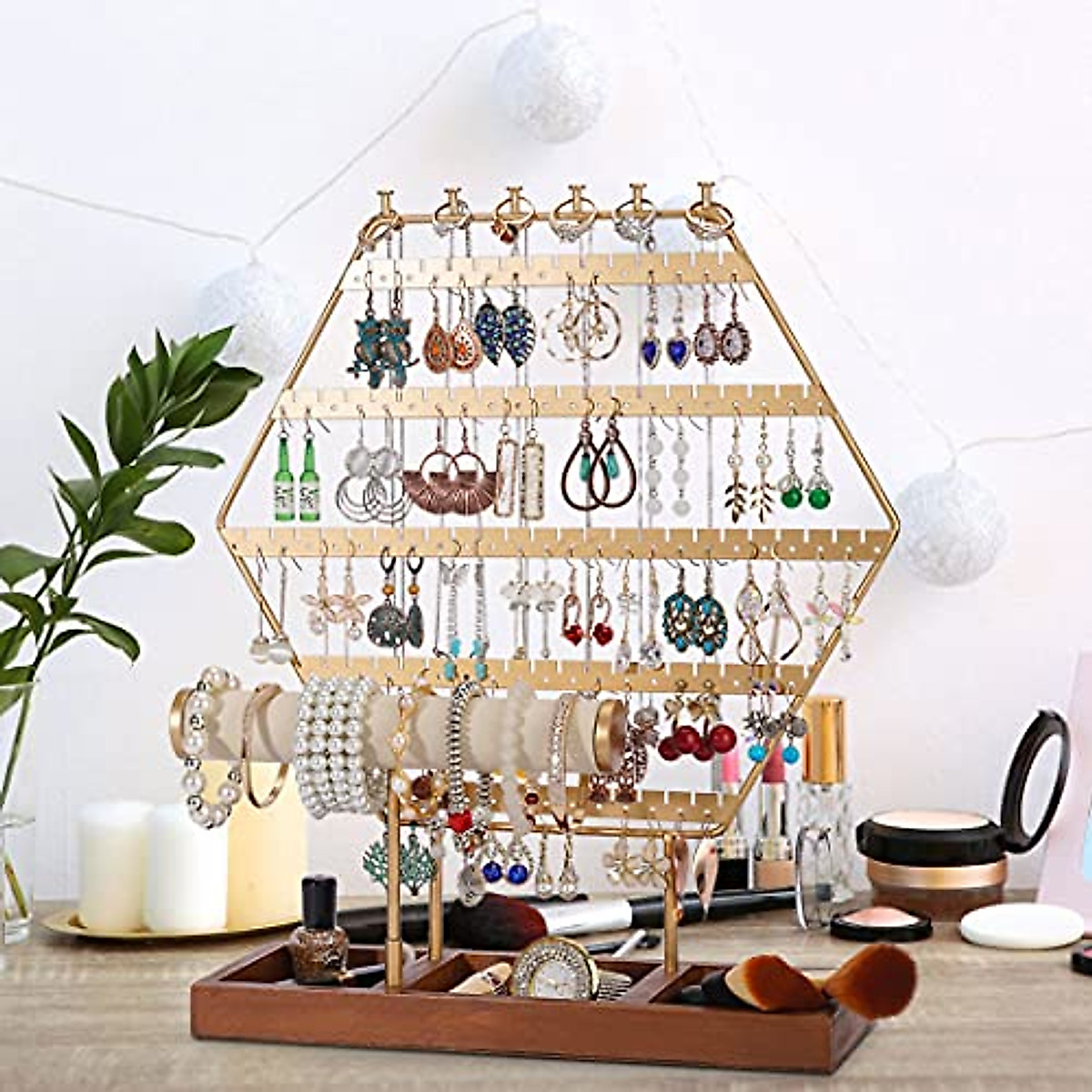 QILICHZ Earring Holder Stand Earring Organizer 6-Tier Earring Stand Hexagonal Jewelry Stand Jewelry Holder Jewelry Organizer with Wooden Tray for Jewelry Storage and Showcase (Gold 6-Tier)