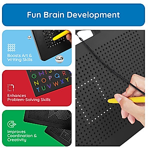 PicassoTiles 2-in-1 Magnetic Drawing Board Toy 12x10 inch Large Magnet Bead Tablet Pad with 2 Facings Alphabet STEM Free Style Educational Erasable & Reusable Learning Writing Playboard in Black PTB04