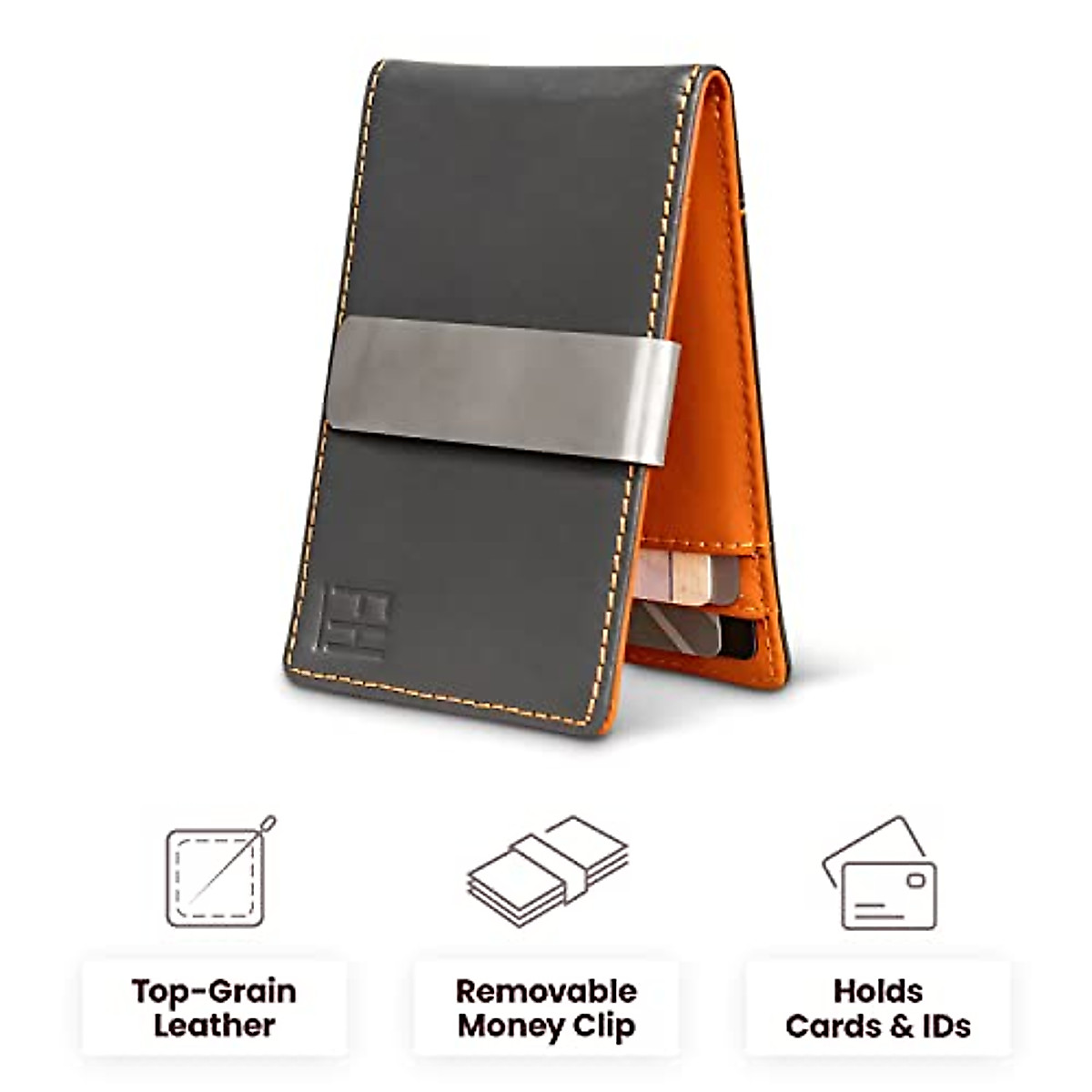 Forrest & Harold F&H Minimalist Men's Wallet RFID Blocking Wallet, Slim Leather Wallet Money Metal Clip Holds 8 Cards, Back and Front Pocket Wallets, Charcoal/Rust