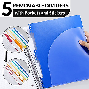 SUNEE 5 Subject Notebook College Ruled - 300 Pages, 8.2"x10.8", Spiral Lined Notebook with 5 Pocket Colored Dividers, 3-Hole Punched Paper, Black Notebooks for School Supplies, Home & Office, Writing Journal