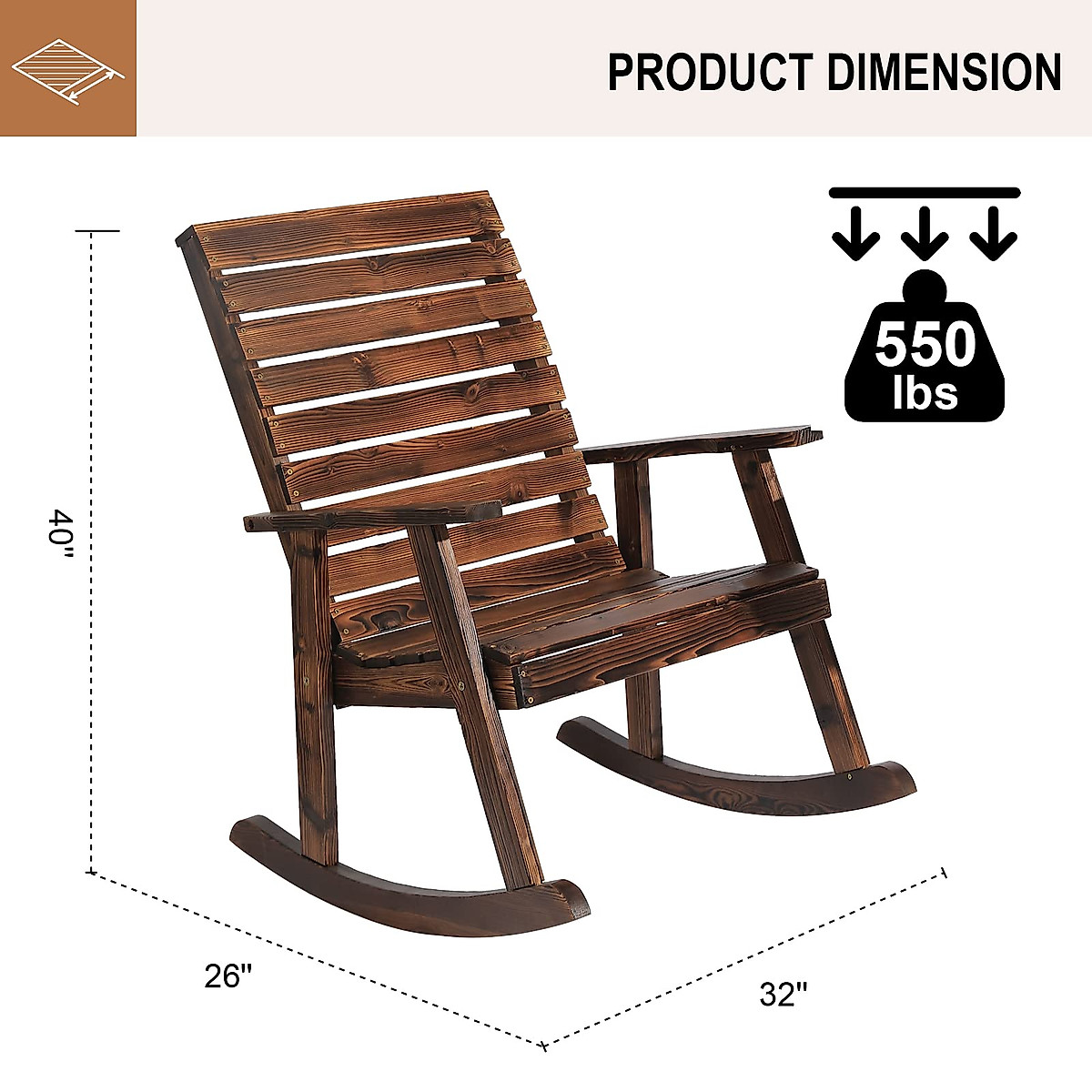 FURNDOOR Outdoor Rocking Chairs Set of 2, Patio Wood Rocker Chairs High Back 2PCS Rocking Chairs for Deck, Garden, Backyard, Porch