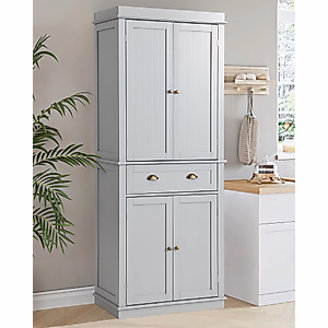 LOUVIXA 72" Kitchen Pantry Storage Cabinet, Freestanding Cupboard with 2 Cabinets, Drawer and Adjustable Shelves, Tall Storage Cabinet for Kitchen, Dinning Room, Living Room, Grey