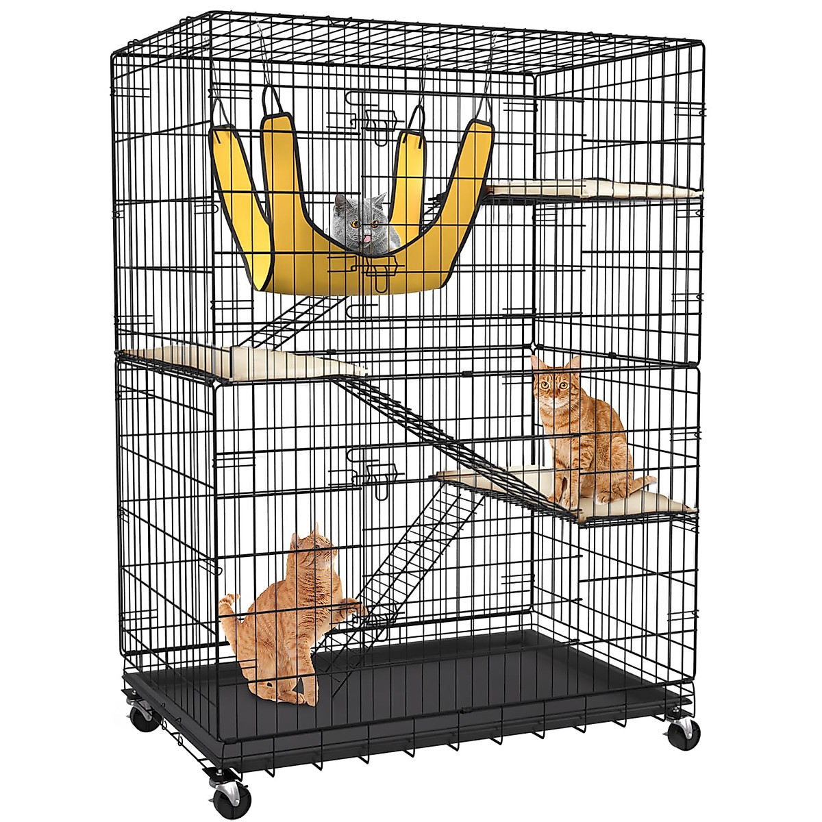 Collapsible Cat Cage, 4-Tier 48 Inches Metal Large Cat Kennel Ferret Enclosure Chinchilla Cage with 360° Rotating Casters/Ramp/Ladders/Hammock for Indoor/Outdoor Kitten