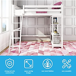 Max & Lily High Loft Bed, Twin Bed Frame For Kids With Bookcase, White