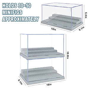 2 Pack Display Case for Minifigure Action Figures Blocks, Acrylic Minifigure Display Case Box Storage with 3 Movable Steps Gift for Kids Adults (Grey)