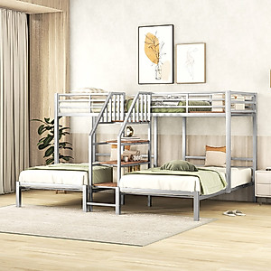 Harper & Bright Designs Triple Bunk Beds with Stairs, Metal Twin Over Twin & Twin Bunk Beds with Storage Shelves,3 Bed Bunk Beds for Kids, Girls, Boys,Teens,Silver