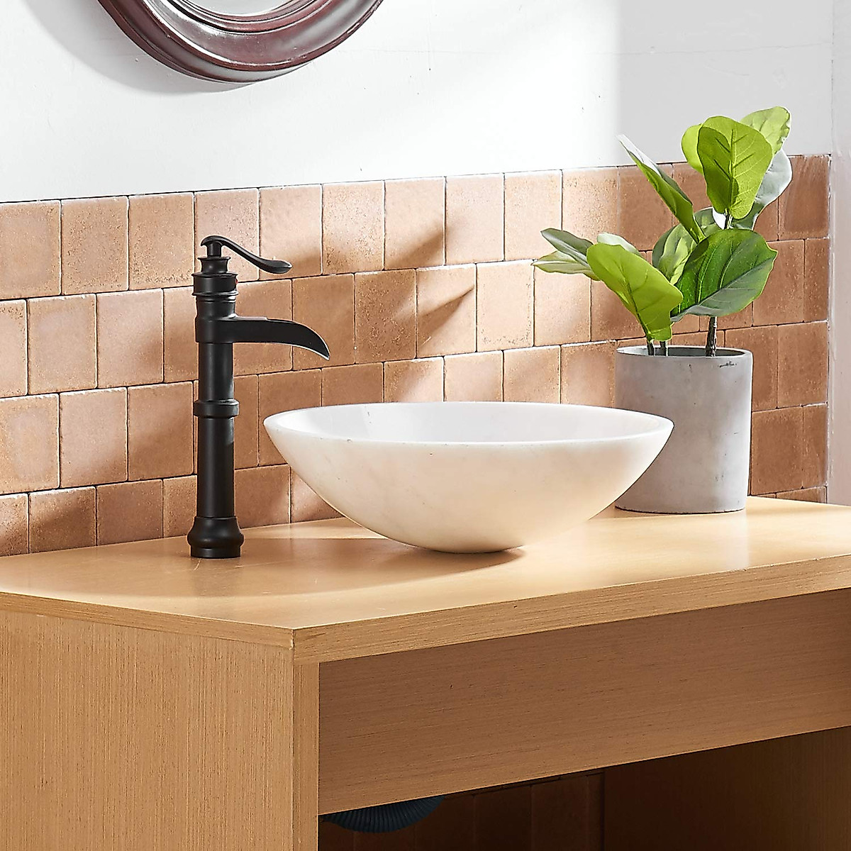 Matte Black Vessel Sink Faucet Waterfall with Pop Up Drain Assembly and Single-Handle Hole Supply Hose Lead-Free Vanity Lavatory Bathroom Faucet Mixer Tap